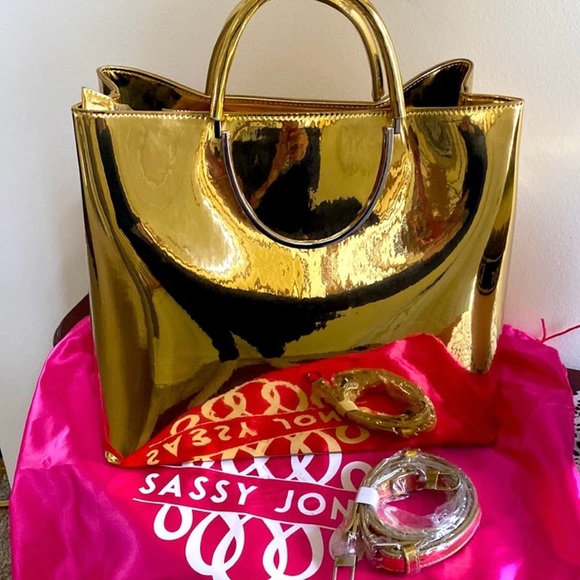 Sassy Jones | Bags | Sassy Jones Gold Metallic Patent Faux Leather Tote ...